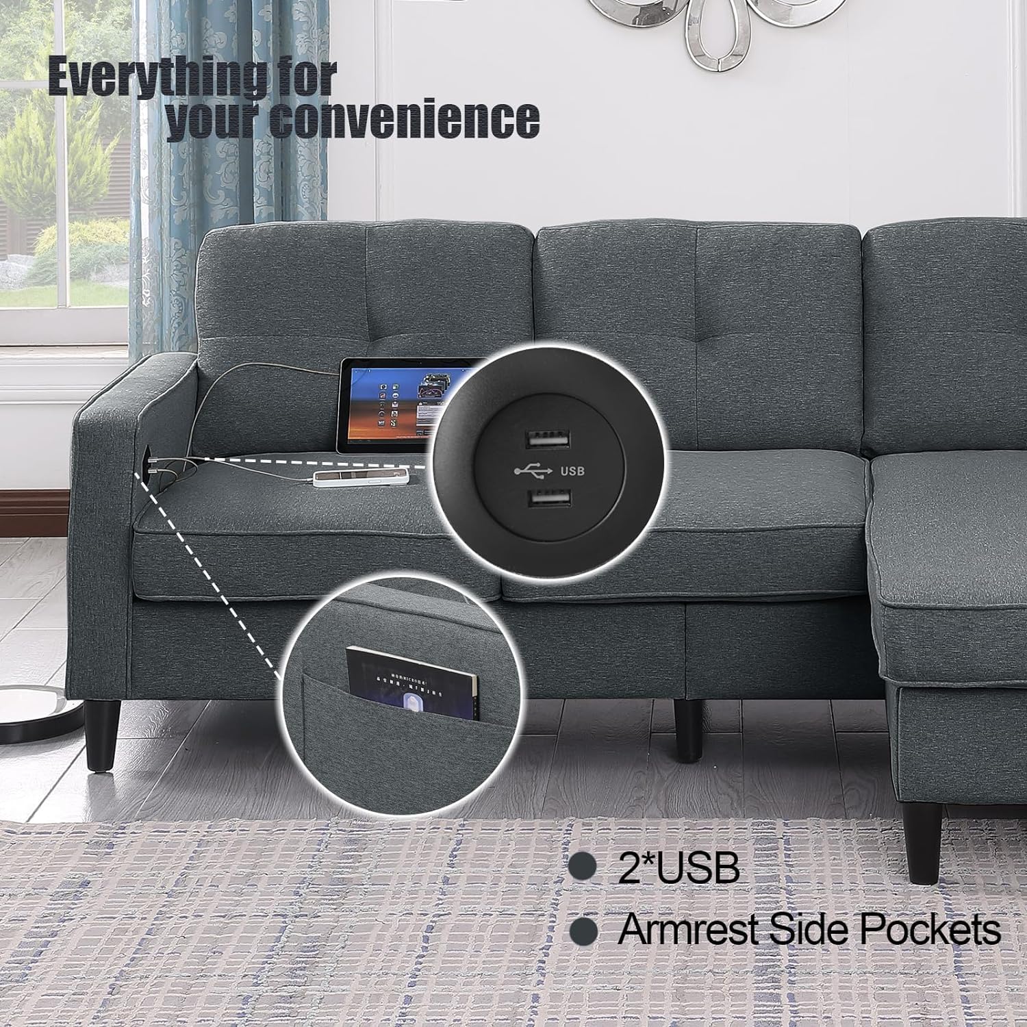 Uoobmope 78" L Shaped Sectional Couch, 3-Seat Sectional Sofa w/Movable Storage Ottoman & USB, Upholstered Linen sofa w/Reversible Chaise Lounge for Apartment,Compact/Small Spaces-Dark Grey