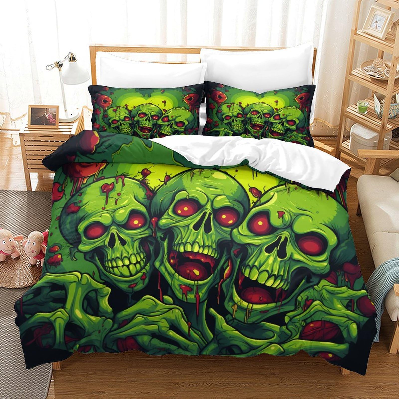 UPIKIT Zombie Halloween Quilt Cover for Teens and Adults Comforter Covers Duvet Cover 3D Print Horror Theme with Pillow Cases Bedding Set Soft Microfiber with Zipper Closure 3 Pieces Full(203x228cm)