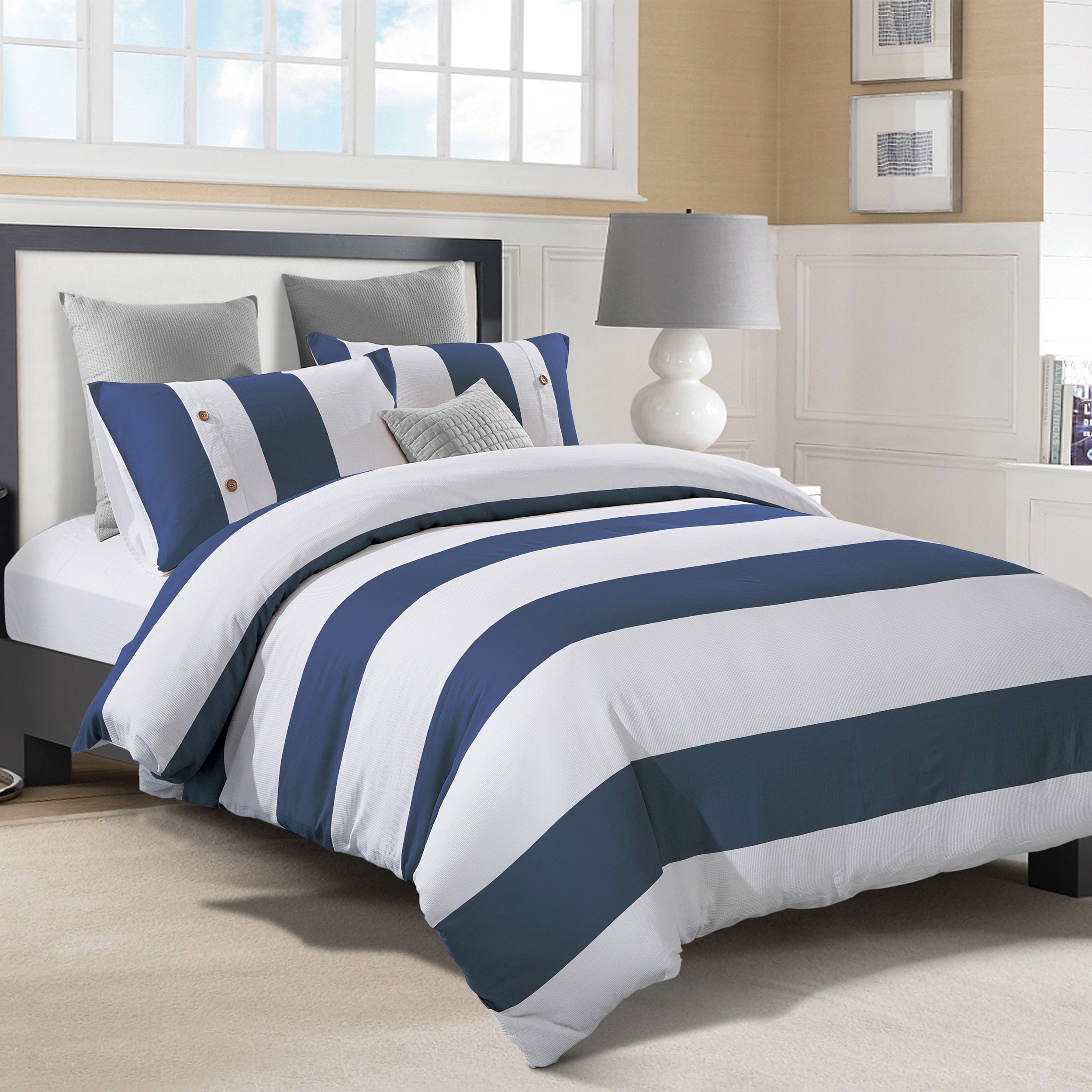 SUPERIOR Addison Embroidered Duvet Cover Set, Premium Long-Staple Cotton, Full/Queen, Navy Blue/White