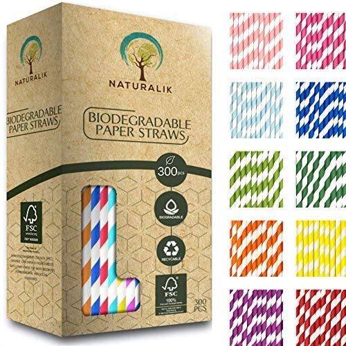 Naturalik 300-Pack Multi-Color Extra Durable Paper Straws Biodegradable- Premium Paper Straws Bulk- Drinking Straws for Juices, Restaurants and Party Decorations, 7.7" (Multicolor, 300)