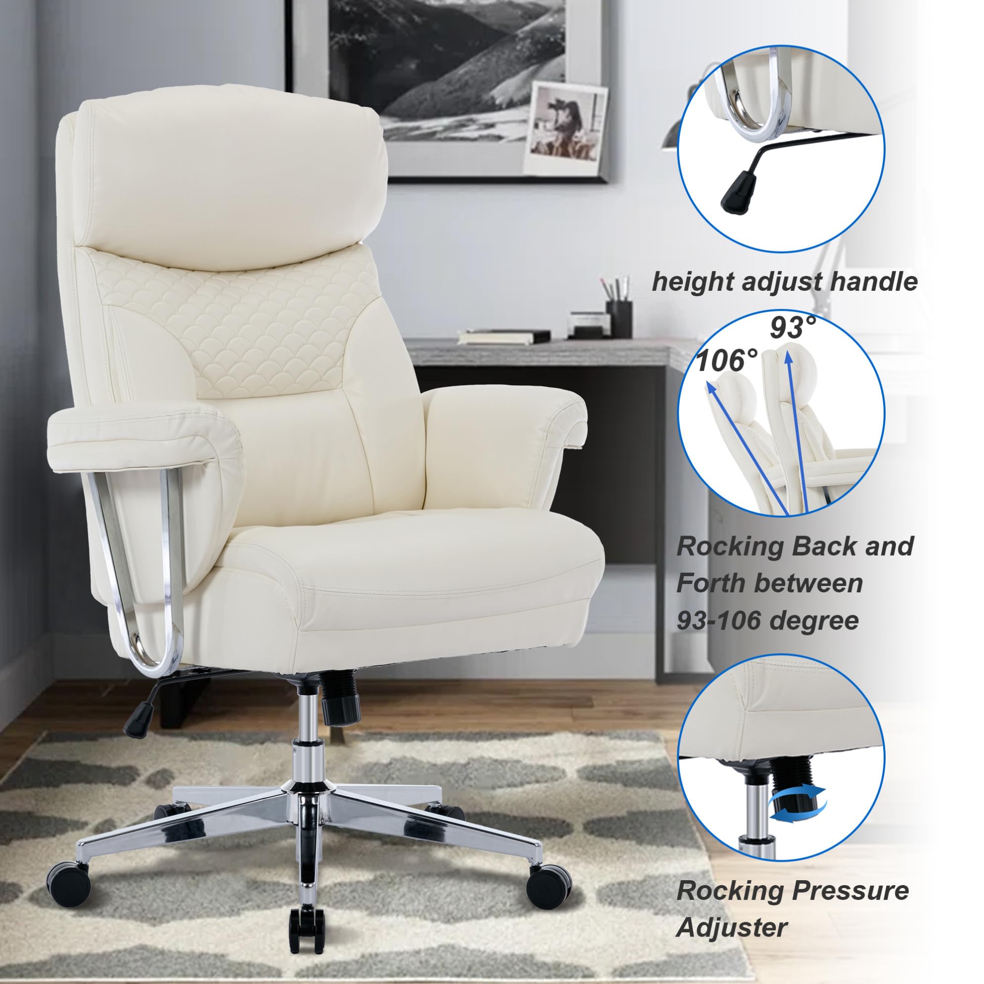 Executive Office Chair, High Back Ergonomic Leather Computer Desk Chair with Adjustable Rock Back Tension, Thick Bonded Leather Office Chair with Lumbar Support, Weight Capacity 300lbs, White