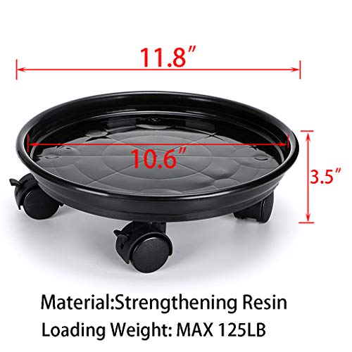 Skelang 4-Pack Plant Caddy 11.8 Inches, Plant Pallet with Brake Wheels, Plant Stand Roller for Indoor and Outdoor Heavy Duty Planter, Load Capacity 125 Lbs (Black)