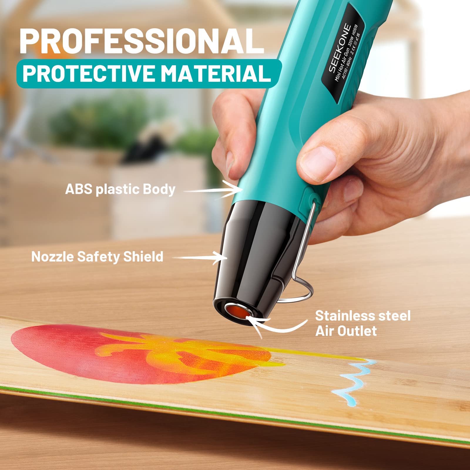 SEEKONE Handheld Heat Gun, 662℉ Portable Mini Hot Air Gun with 4.9Ft Long Cable, Overheat Protection and Fast Heating Reflector Nozzle for DIY, Craft Embossing, Shrink Wrapping, Electronics
