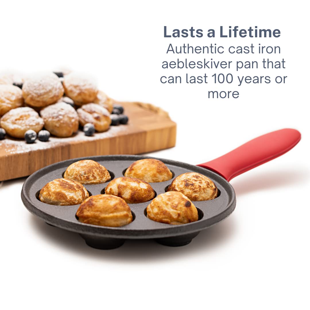 KUHA Cast Iron Aebleskiver Pan for Authentic Danish Stuffed Pancakes - Complete with Bamboo Skewers, Silicone Handle and Oven Mitt