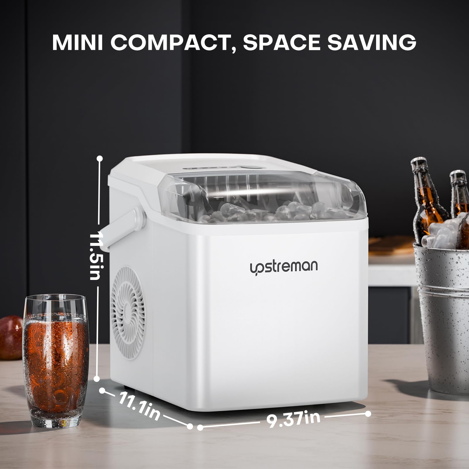 Upstreman Y90 Countertop Ice Maker, Self-Cleaning, Portable Ice Machine, 26Lbs/24 Hours, 9 Ice Cubes Maker Machine, Portable Bullet Ice Maker for Kitchen, Home, Bar, Office, White