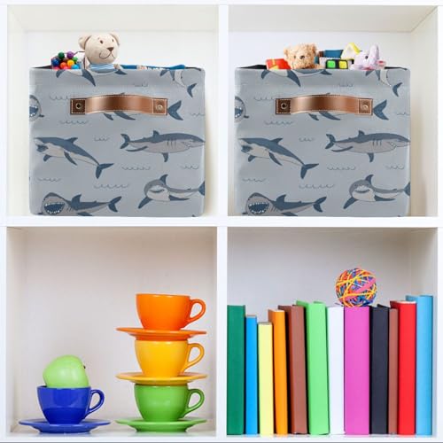 Hand Drawn Shark Storage Basket Bins Decorative Toy Laundry Basket Organization with Handles for Playroom Living Bed Room Office Clothes Nursery,2 pcs