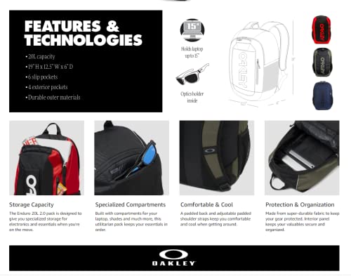 Oakley Men's 20L Enduro 3.0 Hunter Green/Black Backpack for Hiking Backpacking Camping Traveling + BUNDLE with Designer iWear Collapsible Water Bottle with Carabiner