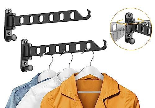 SKIKEN Wall Mounted Clothes Hanger with Swing Arm, Laundry Room Dryer Rack, Folding Valet Hook, Sturdy Hanging, Foldable 180°Rotation, Solid Aluminum (2-Pack, Black)