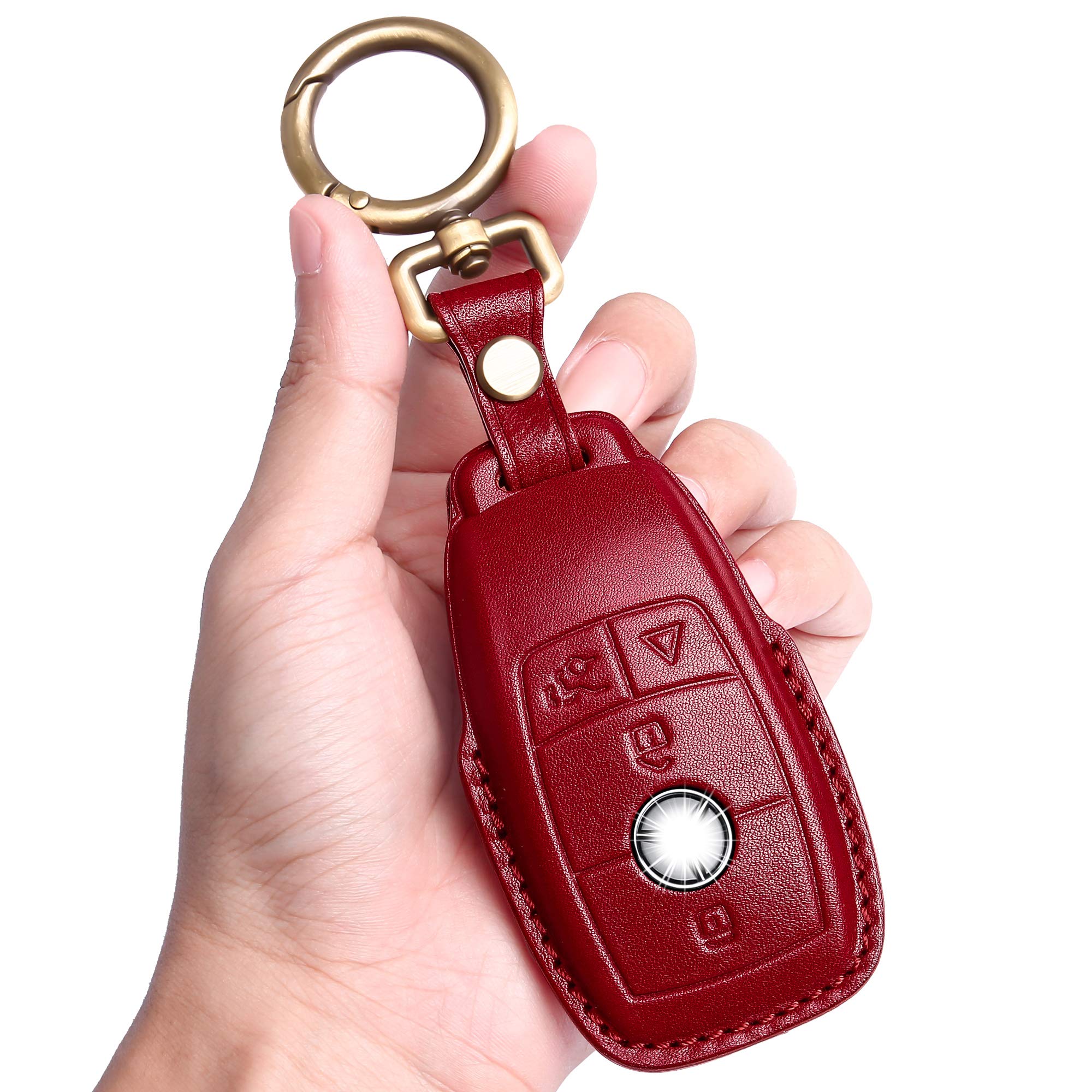 For Mercedes Benz Genuine Leather key fob cover with keychain Compatible with Mercedes-Benz 2019-2021 A-Class C-Class G-Class 2017-2021 E-Class 2018-2021 S-Class Keyless Smart Key Fob(4-Button,Red)