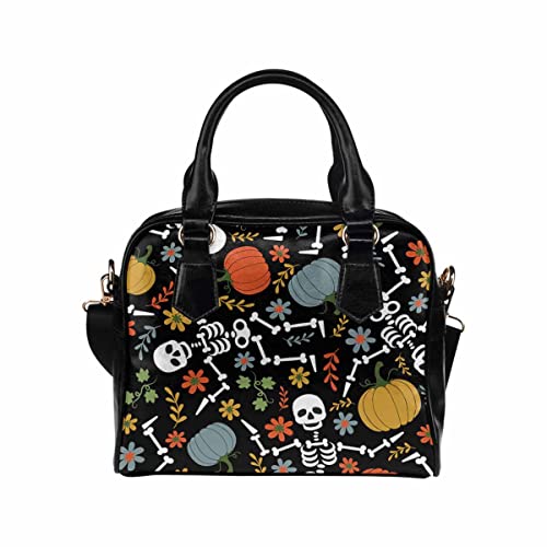 InterestPrint Halloween Skeletons Dance in Pumpkin PU Leather Lady Purses and Handbags