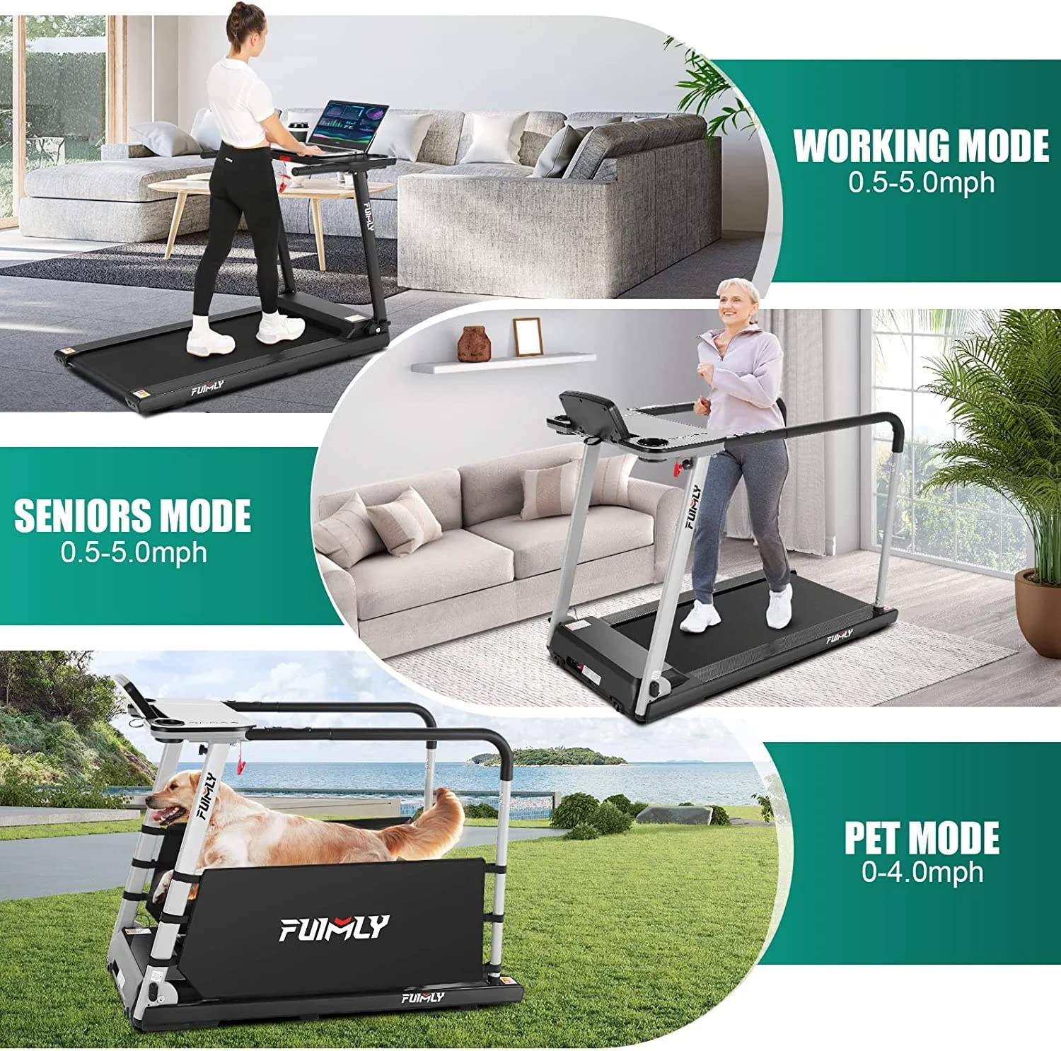 FUNMILY 4-in-1 Treadmill with Large Desk, 2.25HP Folding Electric Treadmills, Pet Treadmill, LCD Display, Bluetooth Speakers, Walking Jogging Running Machine for Home/Office Use
