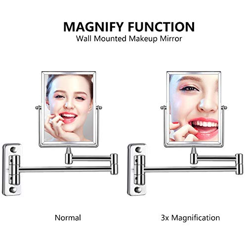 QiMH 3X Magnifying Wall Mounted Vanity Makeup Mirror | Rectangular 8x6 Inch with Extendable Arm | Polished Chrome Finish Double-Sided Swivel Mirror