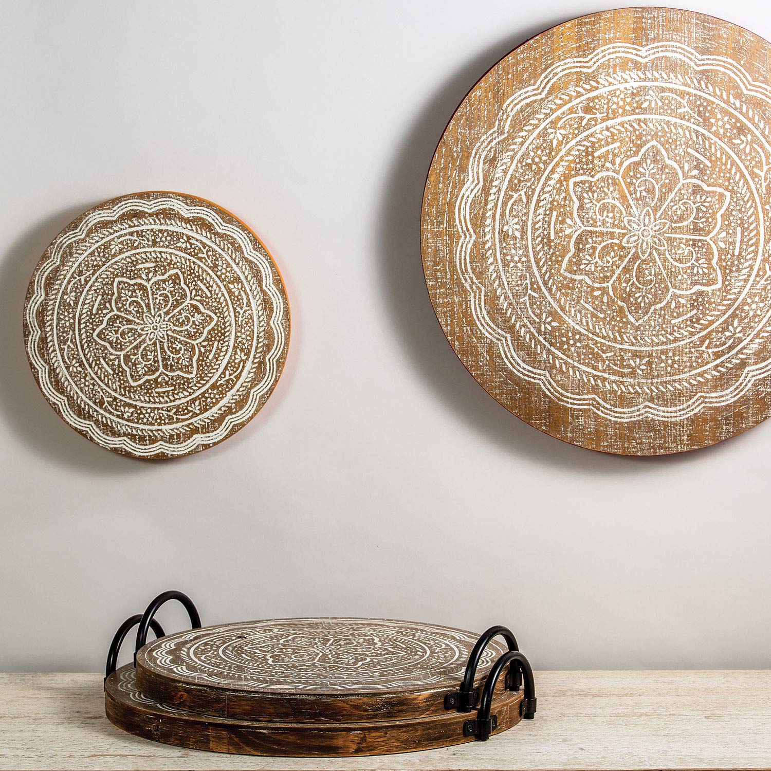 Foreside Home and Garden Set of 2 Rustic Wood Henna Pattern Decorative Trays with Metal Handles, 70, Brown, White