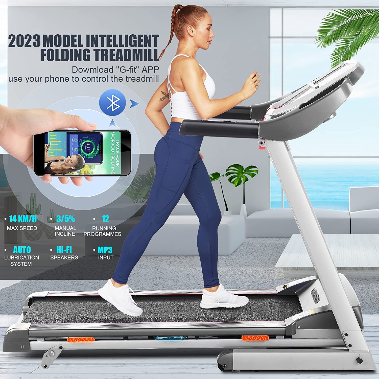 FUNMILY Treadmill with Auto Incline, 3.0HP Electric Treadmill for Home Use, 300LB Capacity Running Machine with Smart APP, Bluetooth Speaker, 12 Preset Programs, LCD Display, Pulse Monitor