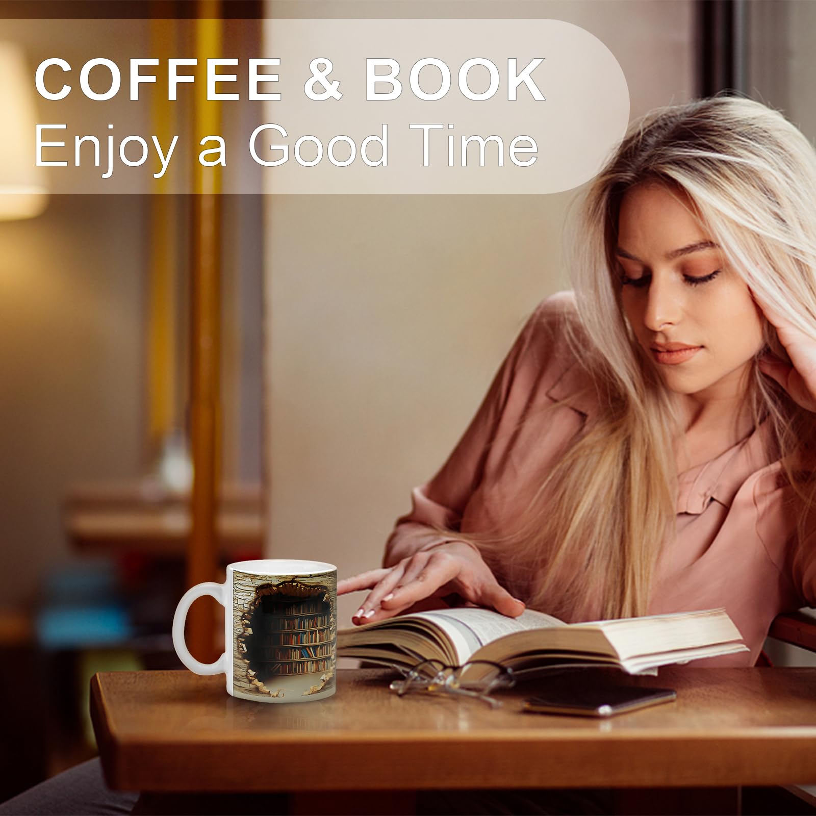 UQOOQFA Library Bookshelf Mug: 11oz 2D Bookshelves Hole In A Wall Mug Book Lovers Coffee Cup with Creative Design Premium Ceramic Bookish Gift for Men and Women for Indoor Home Office (B)