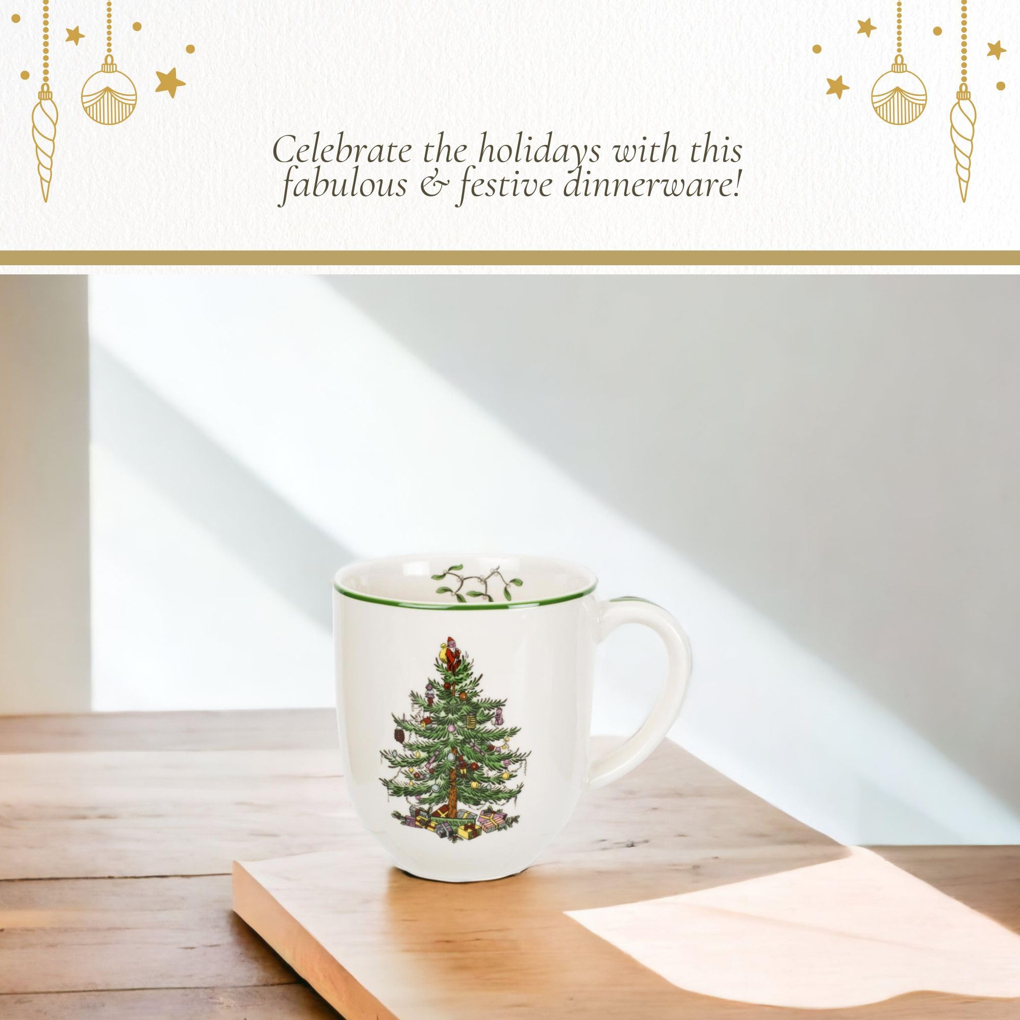 Spode Christmas Tree Cafe Mug - 14 Oz Ceramic Holiday Coffee Mugs for Tea, Hot Chocolate, Lattes - Festive Design with Santa and Christmas Tree Motif - Microwave & Dishwasher Safe