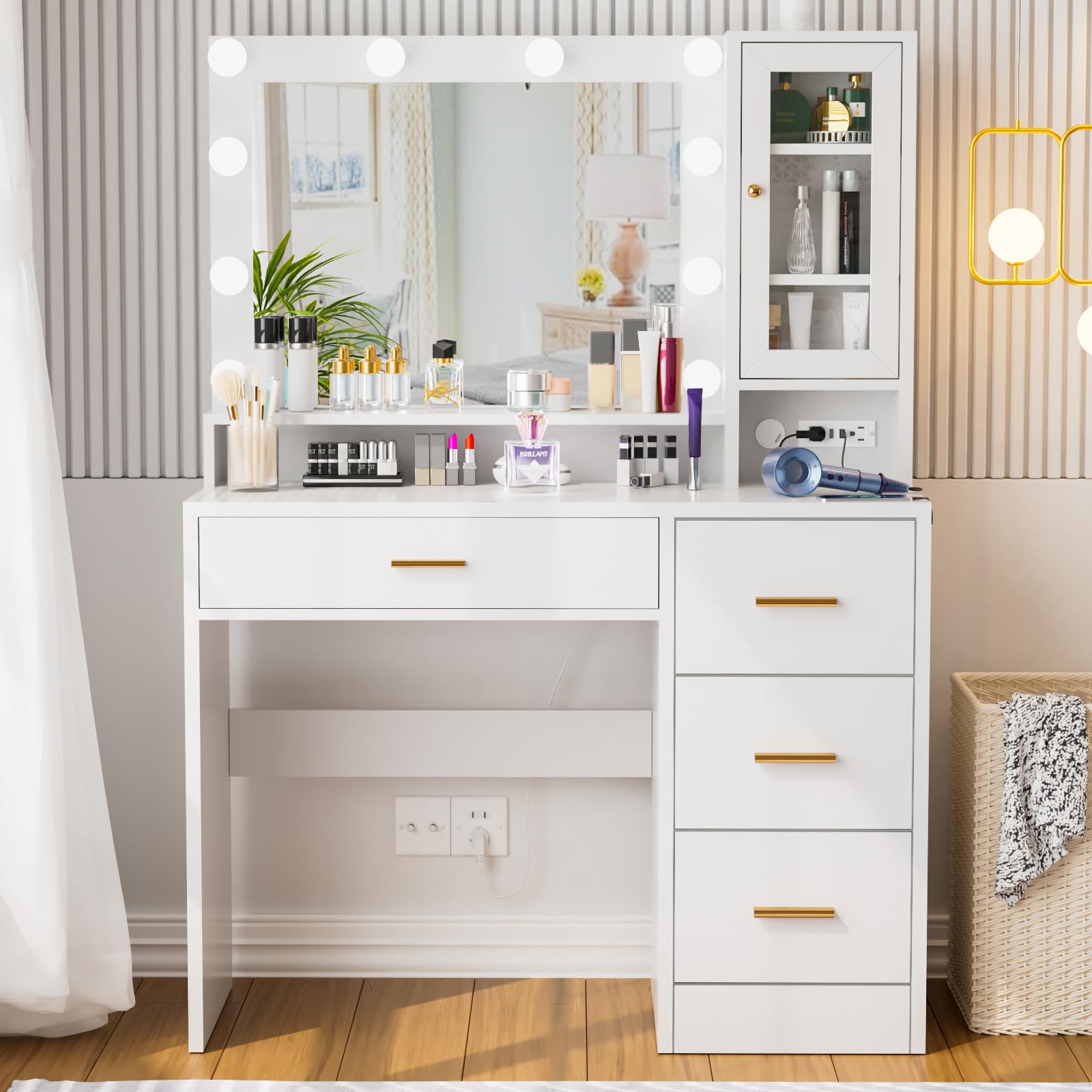 Likein Vanity Desk with Mirror and Lights, White Vanity Makeup Desk with Drawer & Glass Storage Cabinet & Charging Station, 3-Color Lights Adjustable Brightness, Make Up Dressing Table for Bedroom