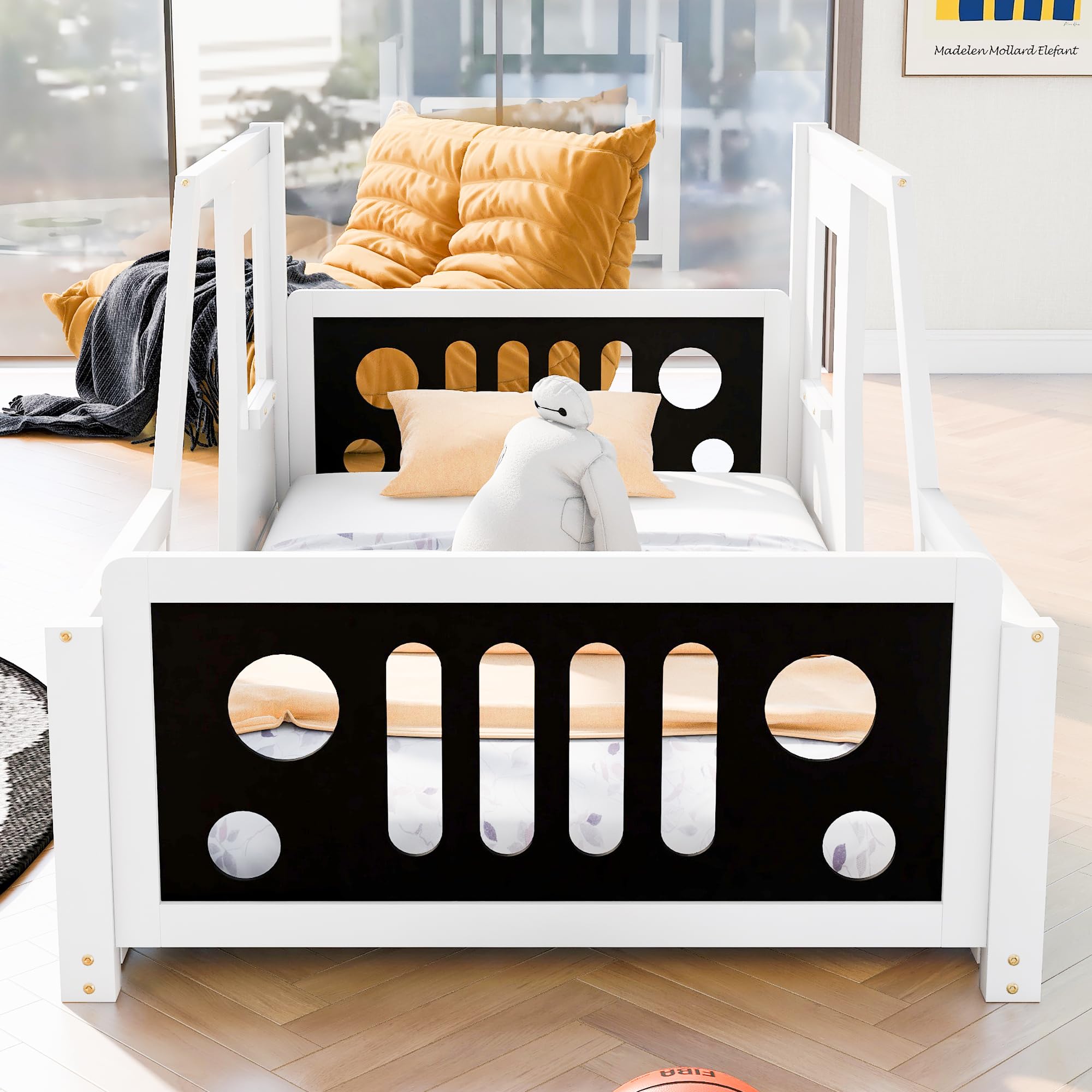 MERITLINE Twin Size Kids Floor Bed with Car-Shaped and Wheels, Wooden Twin Platform Bed Frames with Doors and Windows, Twin Car Bed with Slat Support for Kids Boys Girls, No Box Spring Needed, White