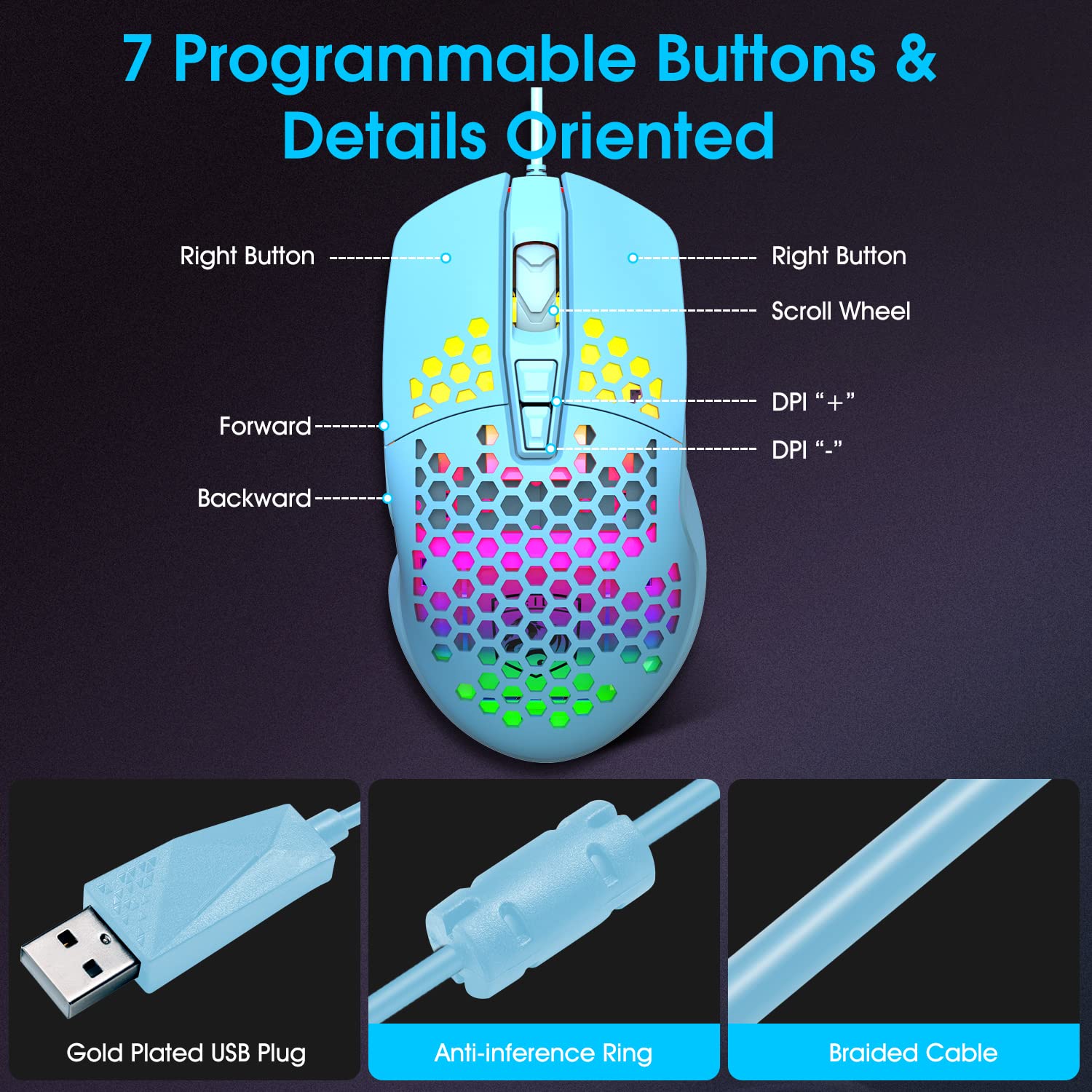 HETOETF Lightweight Gaming Mouse, Wired USB PC Gaming Mice with Ultralight Honeycomb Shell, RGB Chroma LED Light, 6400 DPI Adjustable, Pixart 3325, Programmable 7 Buttons Mouse for Windows 7/8/10/XP
