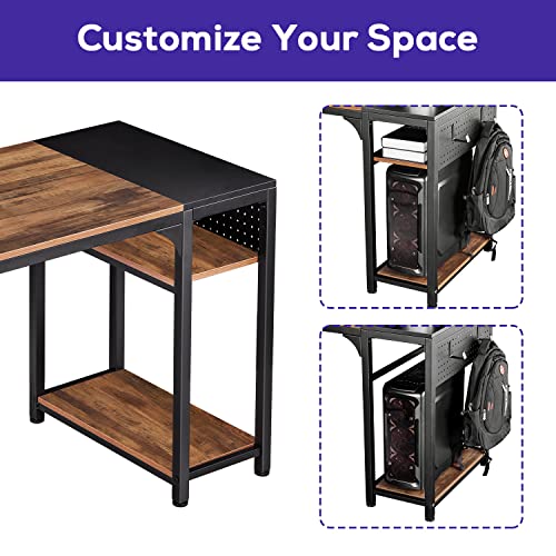 It's_Organized Reversible L Shaped Desk with Monitor Stand,58x47 inch Corner Desk,Study Writing Computer Table with Storage Shelves for Home Office,Rustic Brown/Black