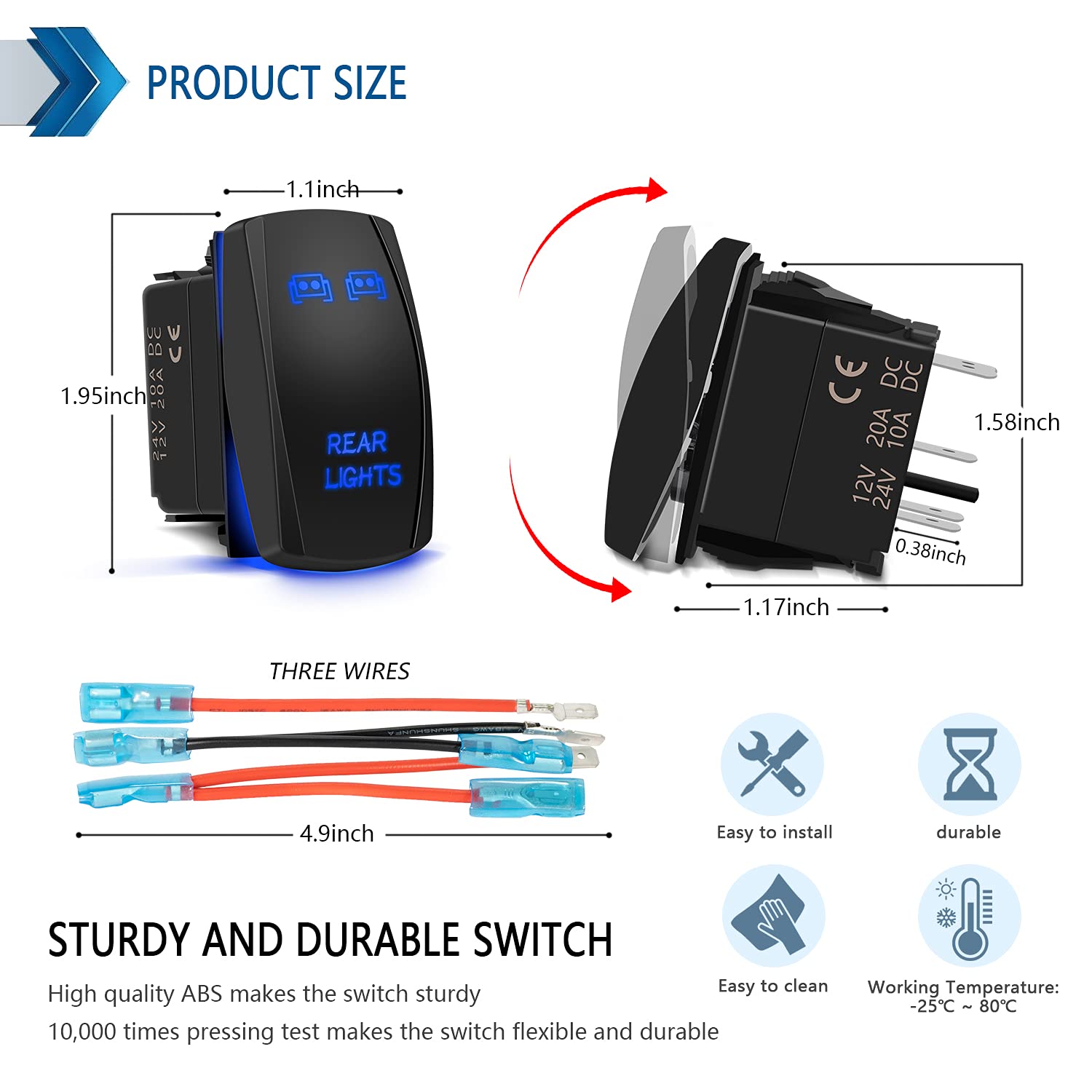 FXC Rocker Switch 5 Pin ON-OFF 12V/20A 24V/10A "Rear Light" with Switch Jumper Wire for Marine Boat Car Rv Vehicles Truck（Blue)