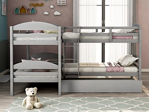 Quad Bunk Bed with Trundle L-Shape Bunk Bed Twin Over Twin Corner Bunk Bed for 4 or 5 Kids Boys Girls Teens, Gray