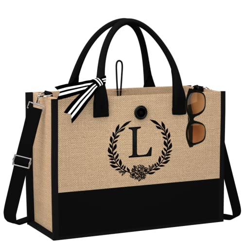 QLOVEA Bridemaides Gifts for Women, Initial Beach Jute Canvas Tote Bag with Strap and Inner Zipper Pocket, Reusable Grocery Bag, Personalized Birthday Wedding Gift for Mom, Friends, Nurse Letter L