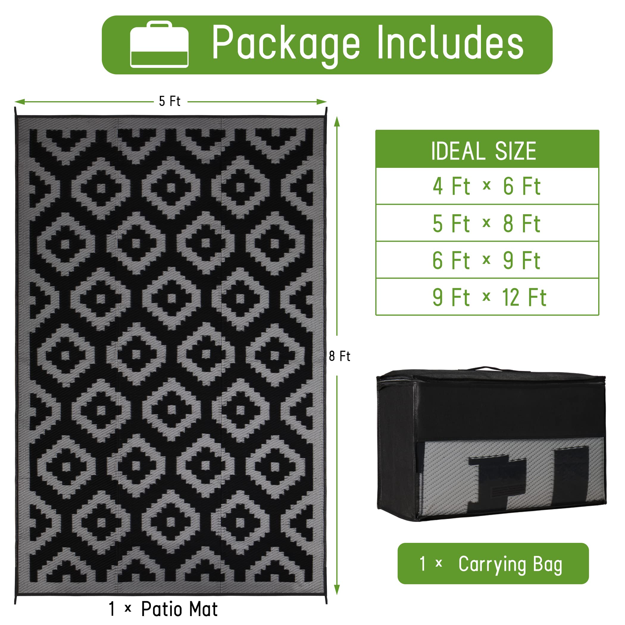 Easy-Going Reversible Outdoor Rugs 5x8ft Waterproof Plastic Straw Rug Stain & UV Resistant Floor Mat for Patio Porch RV Backyard Pool Deck Picnic Beach Trailer Camping (Diamond/Gray & White)