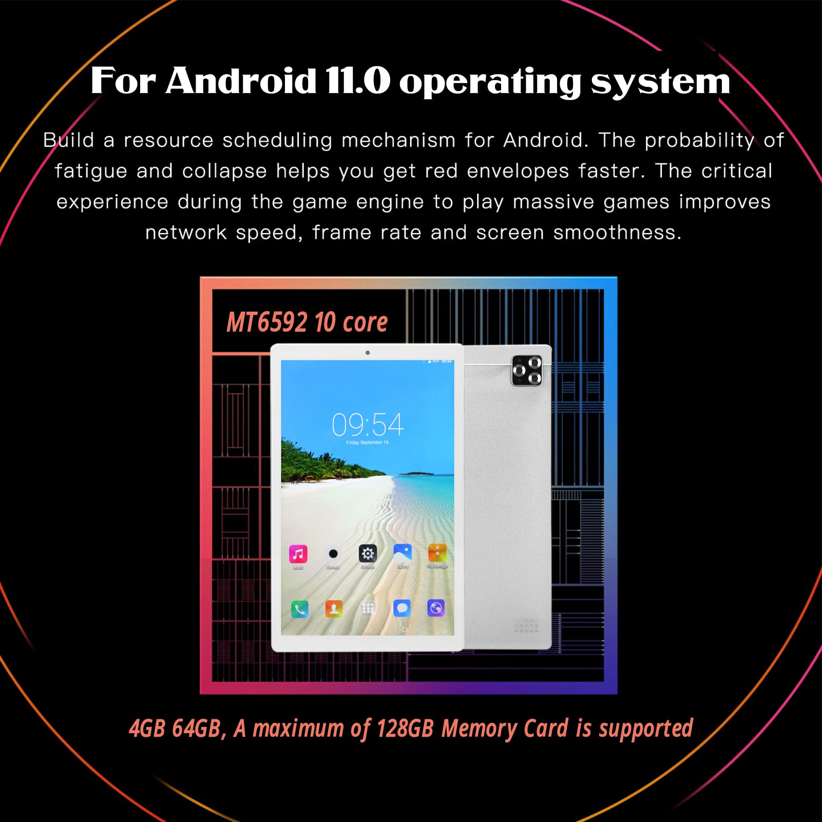 Liyeeo 4GB 64GB HD Tablet Large Tablet 100-240V Processor 8000mAh Professional 10 Core Battery (US Plug)