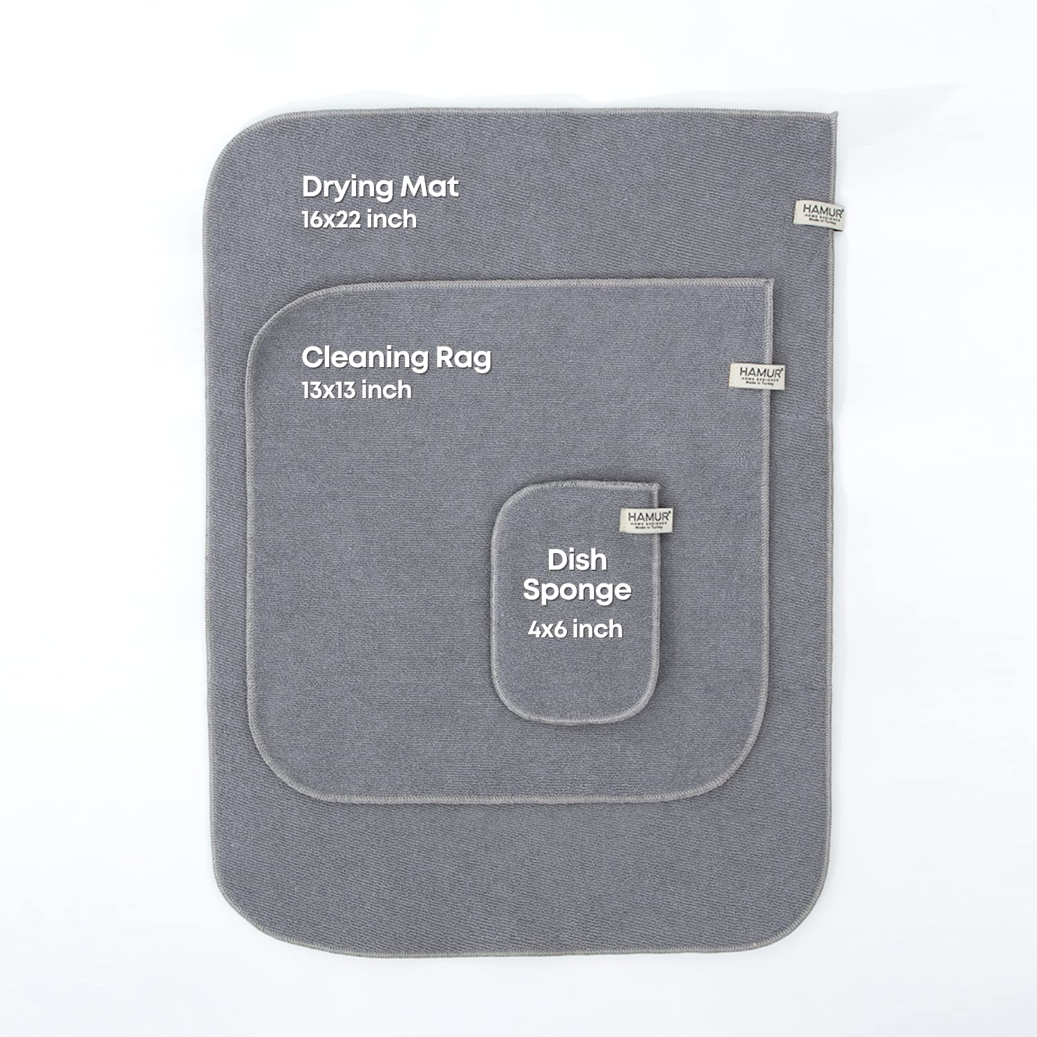 HAMUR Kitchen Dish Drying Mat 3-Set, Super Absorbent Drainer Mats for Kitchen Counter, Multiuse Draining dishes Pad with cleaning rug & dish sponge, under dish rack & sink pad