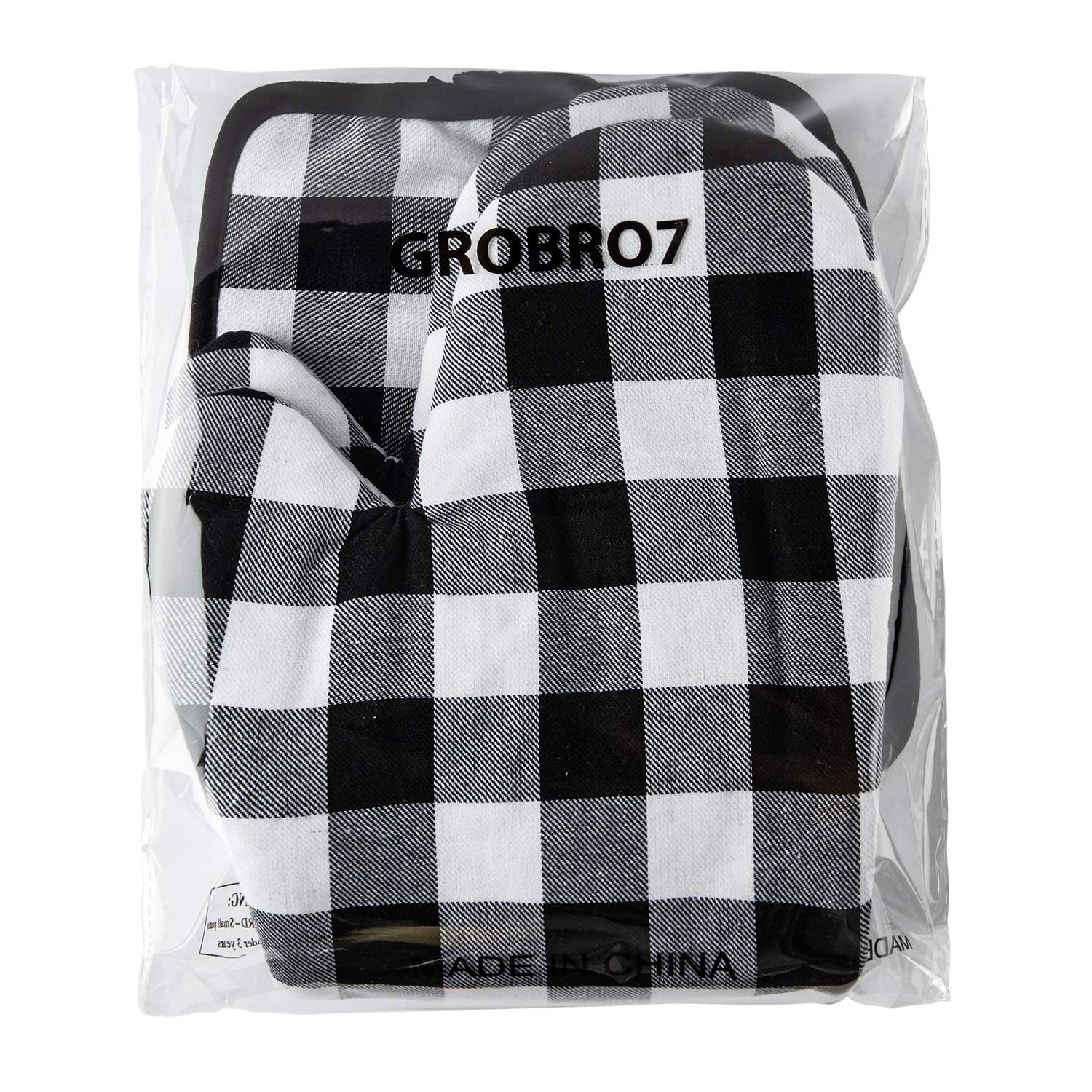 GROBRO7 6Pcs Buffalo Check Plaid Oven Mitts and Pot Holders Set Pure Cotton Heat Resistant Potholders Washable Durable BBQ Gloves with Hanging Loop for Safe Kitchen Baking Cooking Grilling White&Black