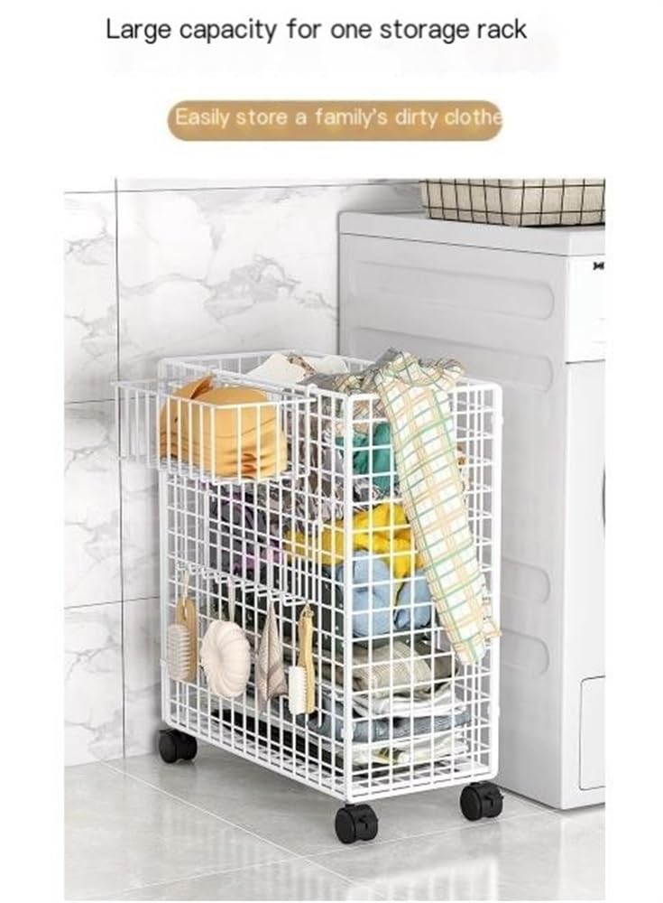 MAGUZA Iron Wire Laundry Hamper, Collapsible Clothes Hamper with Hooks and Baskets, Metal Rolling Laundry Cart for Bathroom (Color : Golden, Size : 38 * 20.5 * 53cm)