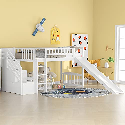 ODC Twin Size Loft Bed with 2 Drawers and Slide for Kids, Solid Wood Loft Bed Frame with Storage, Low Loft Bed with Slide, Ladder and Security Guardrail for Kids Girls Boys Teens