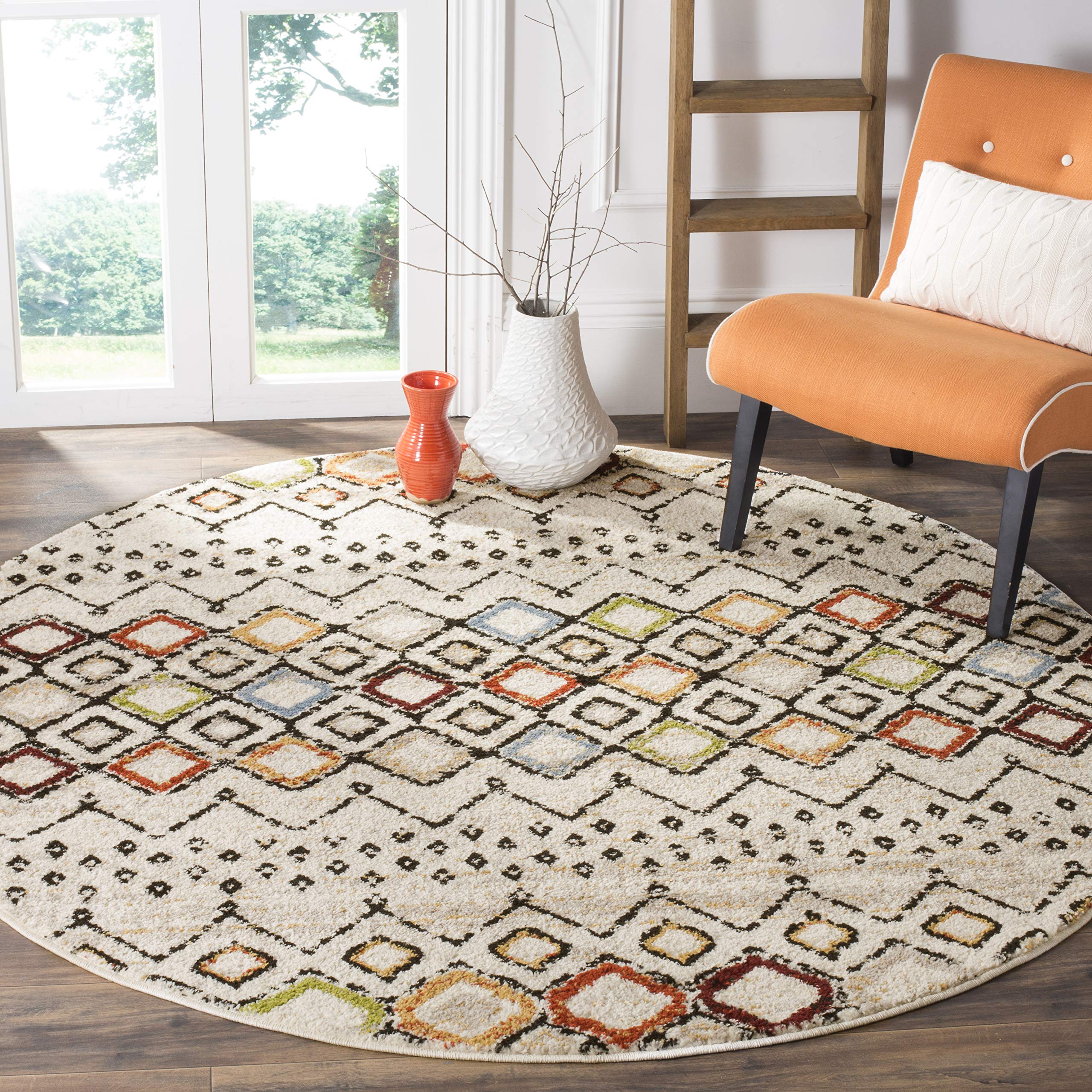 SAFAVIEH Amsterdam Collection Area Rug - 9' Round, Ivory & Multi, Moroccan Boho Design, Non-Shedding & Easy Care, Ideal for High Traffic Areas in Living Room, Bedroom (AMS108K)