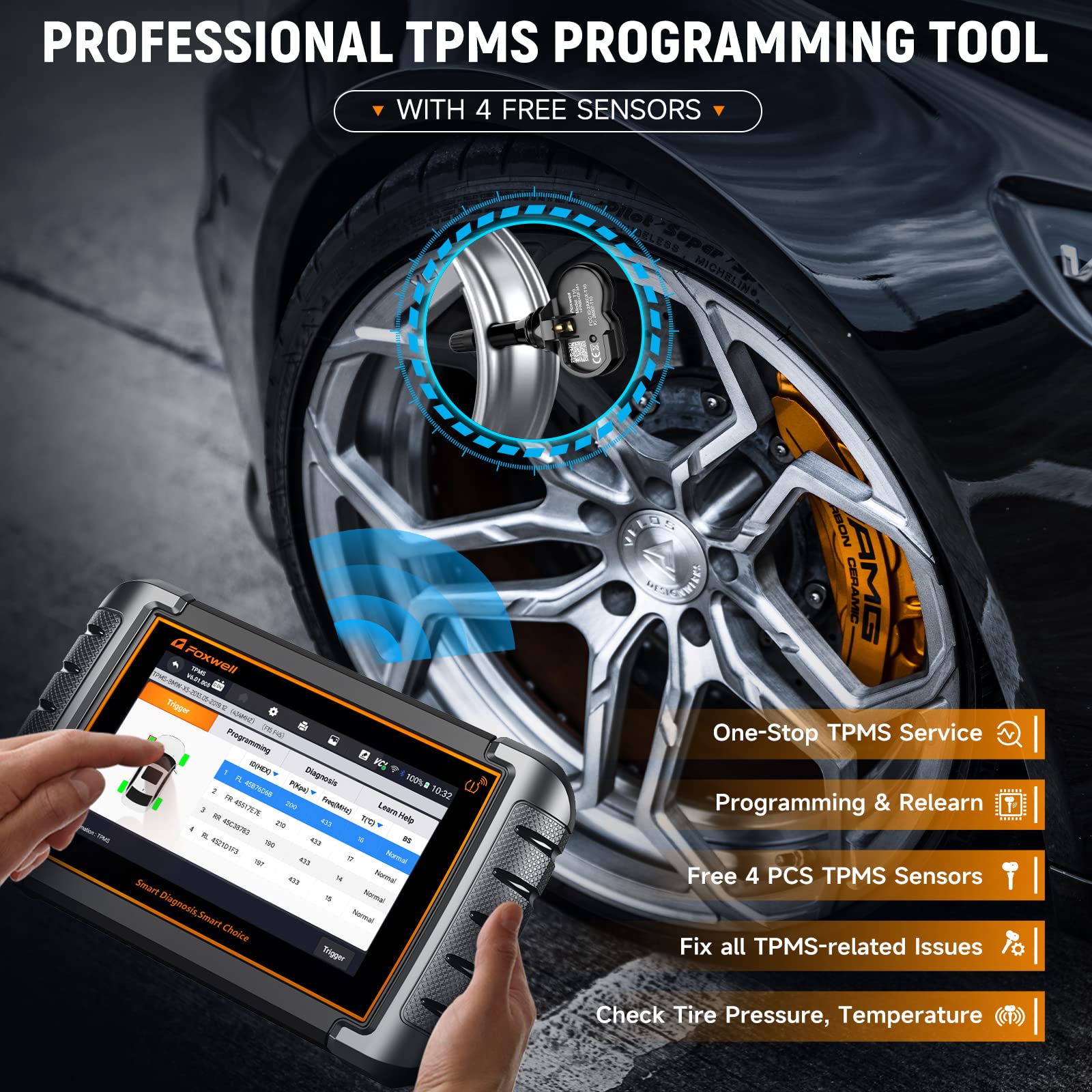 FOXWELL NT809TS OBD2 Scanner Diagnostic TPMS All System Bluetooth Bidirectional Scan Tool with 30+ Services ABS/TPMS/EPB/Airbag/SAS/Battery/Oil Reset, 3-Year Update with 4 PCS Sensors