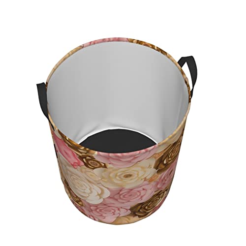 Pink White Gold Flowers Round Laundry Basket Toy Storage Basket, Storage Bin With Handle, Suitable For Bedroom, Toys, Boys, Girls, Toy Room