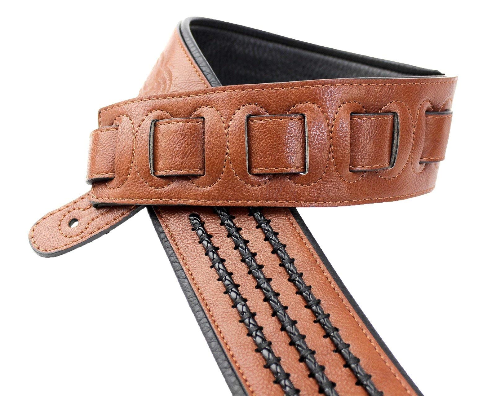 Walker & Williams G-556 London Tan Tooled Leather Strap with Leather Lacing For Acoustic, Electric, And Bass Guitars