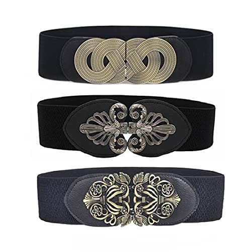 Swtddy 3 Pack Women's Vintage Wide Elastic Stretch Waist Belt Waistband (3 Design Black Color, Suit For Waist Size 27"-35")