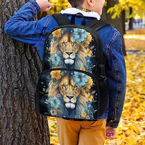 Pinupub 3 In 1 Kids Backpack Set Blue Lion Flowers Print 17 Inch Large Elementary School Bag With Lunch Bag And Pen Bag
