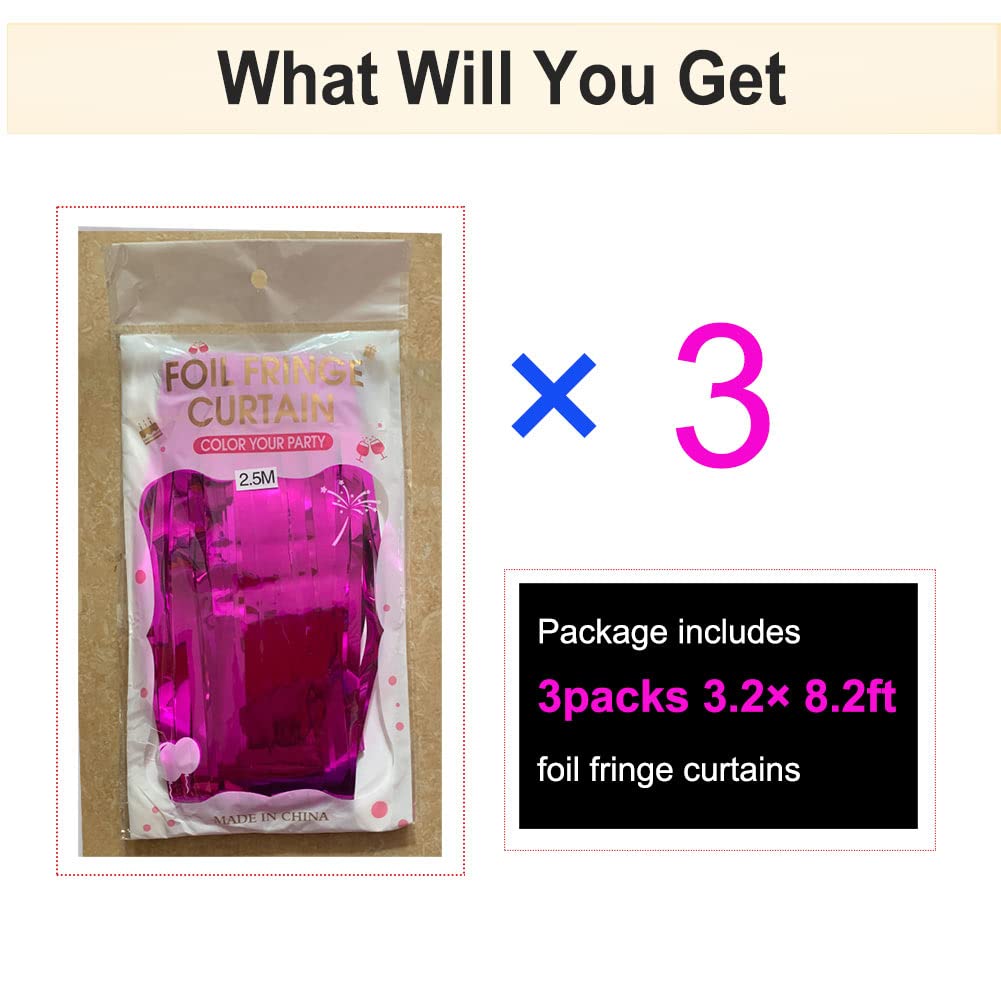 Foil Fringe Curtains - Party Streamers for Barbie Backdrop Barbie Birthday Mean Girls Party Decorations - 3Packs 3.2ft x 8.2ft Fuchsia Metallic Tinsel Backdrop Curtains