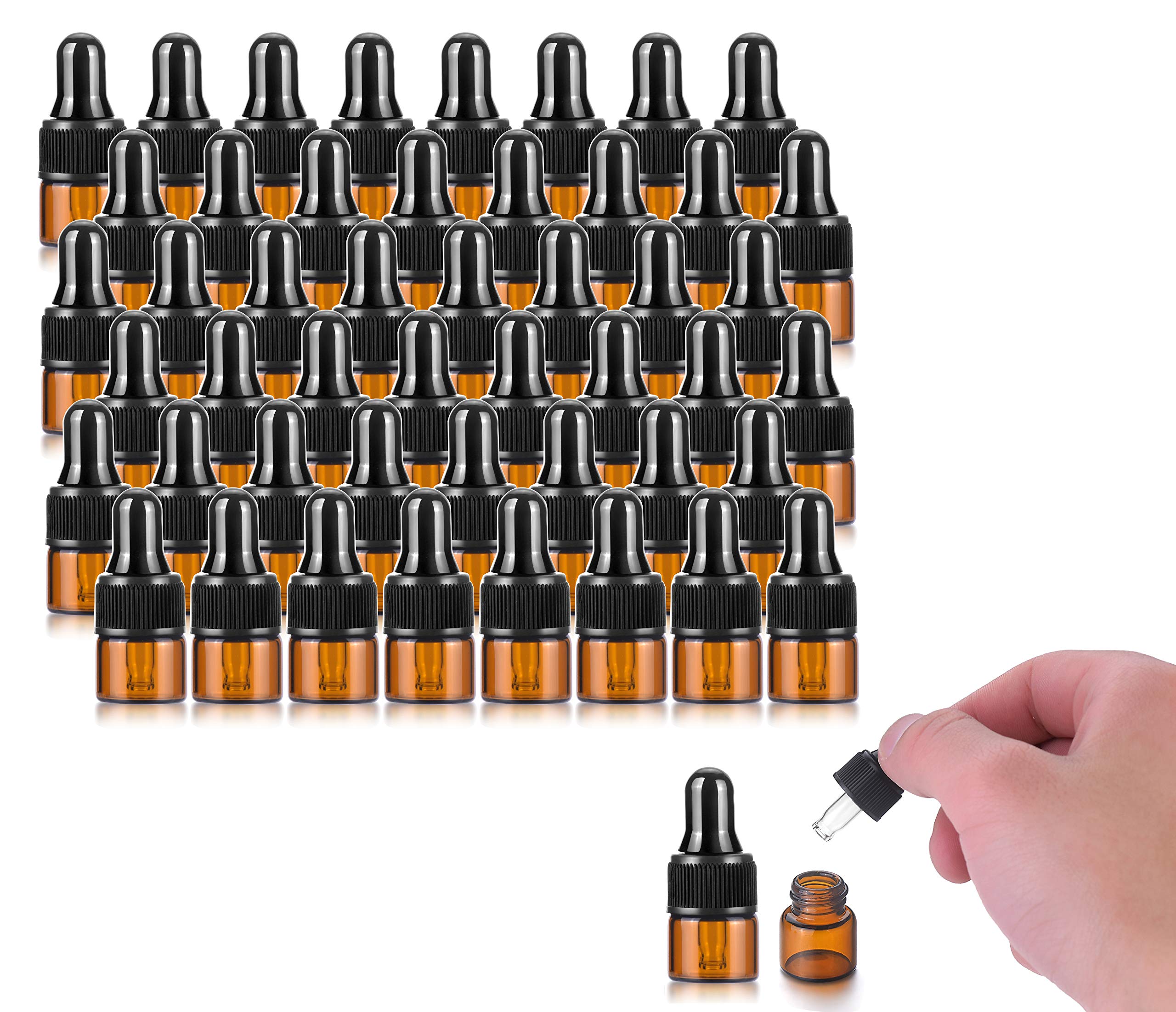 USRommaner 50 Pack,1ml Amber Glass Dropper Vial for Essential Oils,Empty Glass Eye Dropper Bottle With Black Screw Cap,Glass Liquid Pipette Travel Test Sample Perfume Vial-Transfer Pipette Included