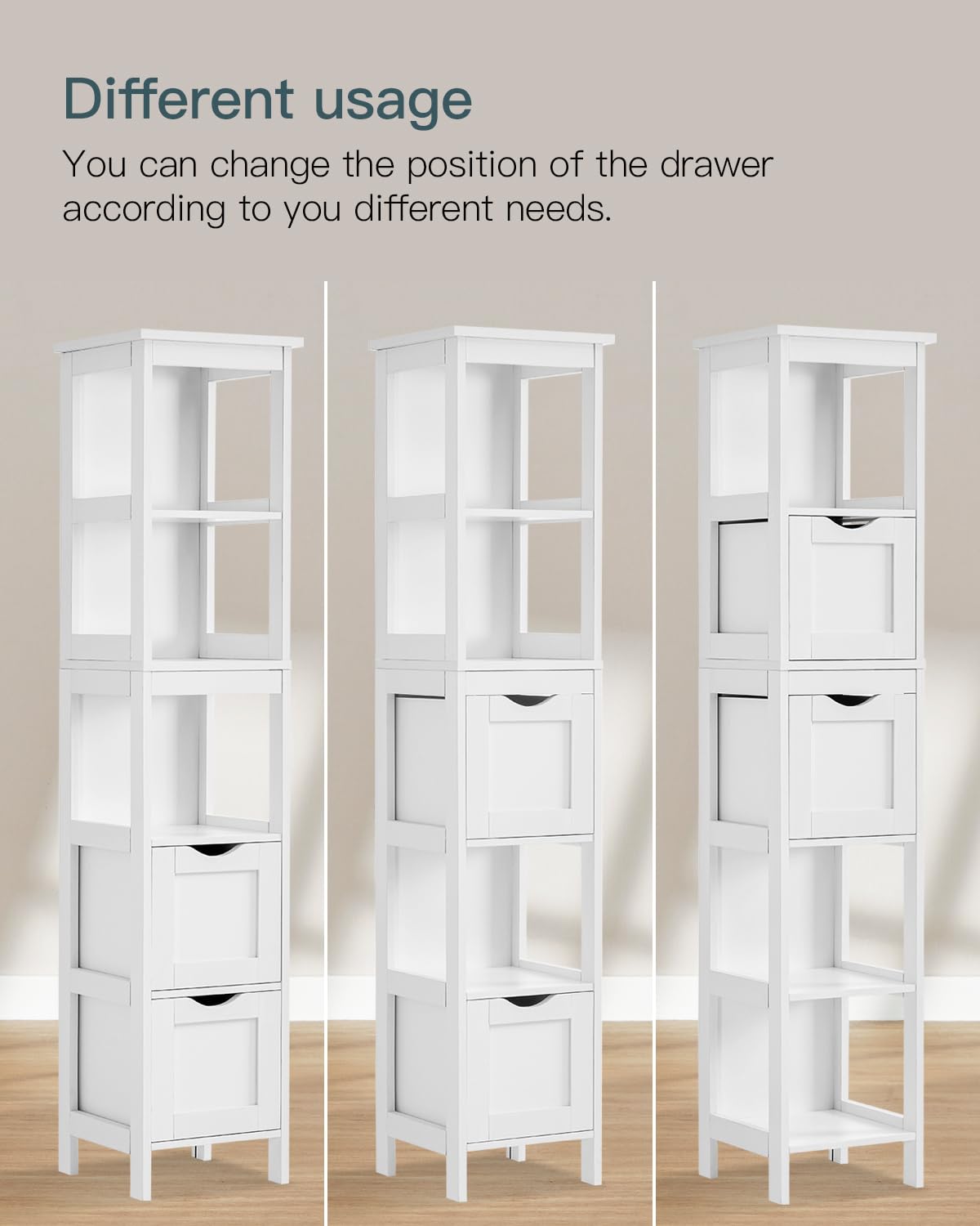 usikey 55.9" H Bathroom Storage Cabinet, Slim Tall Cabinet, Narrow Storage Cabinet with 2 Drawers & 3 Open Shelves, for Bathroom, Living Room, White