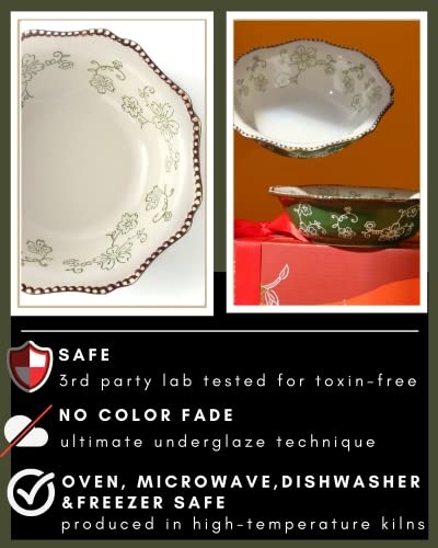 KUNABOO Artisanal Ceramic Soup Bowl, Dinner Bowls Ceramic, Dinner Bowls Set of 4-14 oz - Sakura Floral Series Pine Green - Ready to Wrap Gift