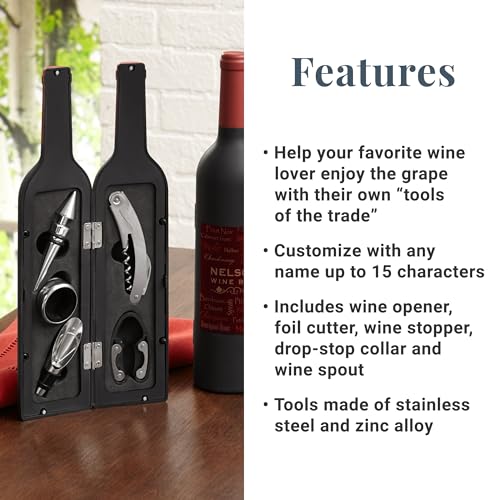 Let's Make Memories Personalized 5 Piece Tool Set - Wine Talk - Wine Bottle Opener - Unique Bar Accessories - Bottle-Shaped Holder - Personalize with Name