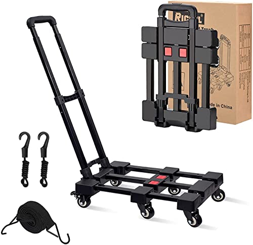 Luggage Cart RICEEL Folding Hand Truck with 6 x 360 Degree Swivel Wheels,Adjustable Handle,Foldable for Easy Storage,and 3 Elastic Ropes,220lb Weight Capacity for Travel,Moving