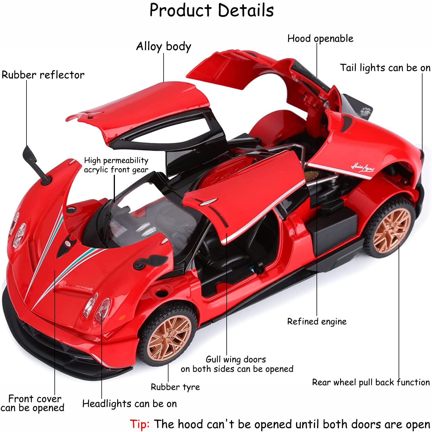 iPariser Alloy Collectible Red Pagani Huayra Dinastia Toy Vehicle Pull Back Die-Cast Car Model with Lights and Sounds