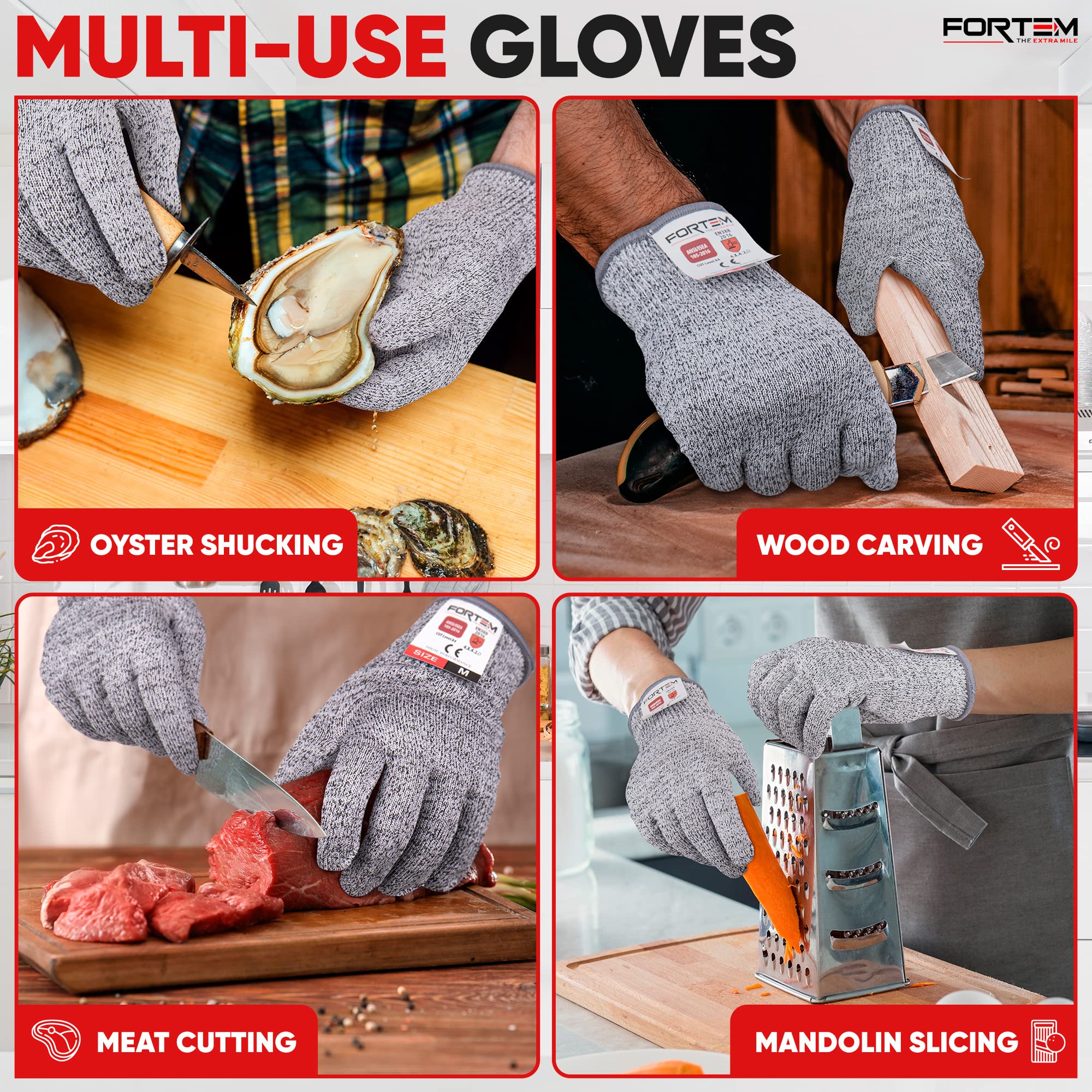 FORTEM Cut Resistant Work Gloves, 4 Gloves, Level 5 Protection, Food Grade, EN388 Certified, Protective, Durable Grip PU Coated Palm (Medium)