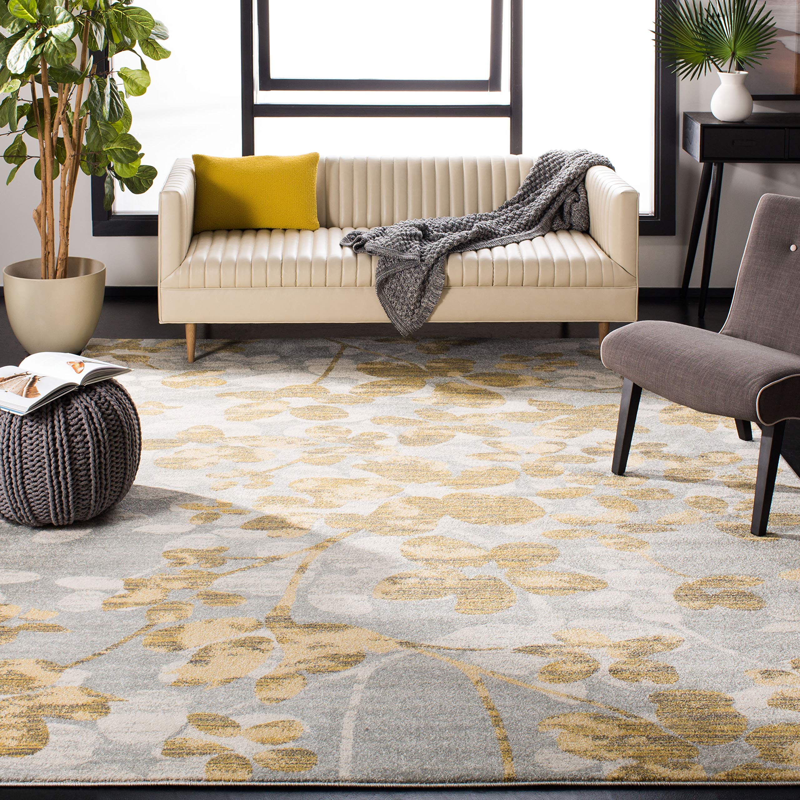 SAFAVIEH Evoke Collection Area Rug - 9' x 12', Grey & Gold, Floral Design, Non-Shedding & Easy Care, Ideal for High Traffic Areas in Living Room, Bedroom (EVK236P)