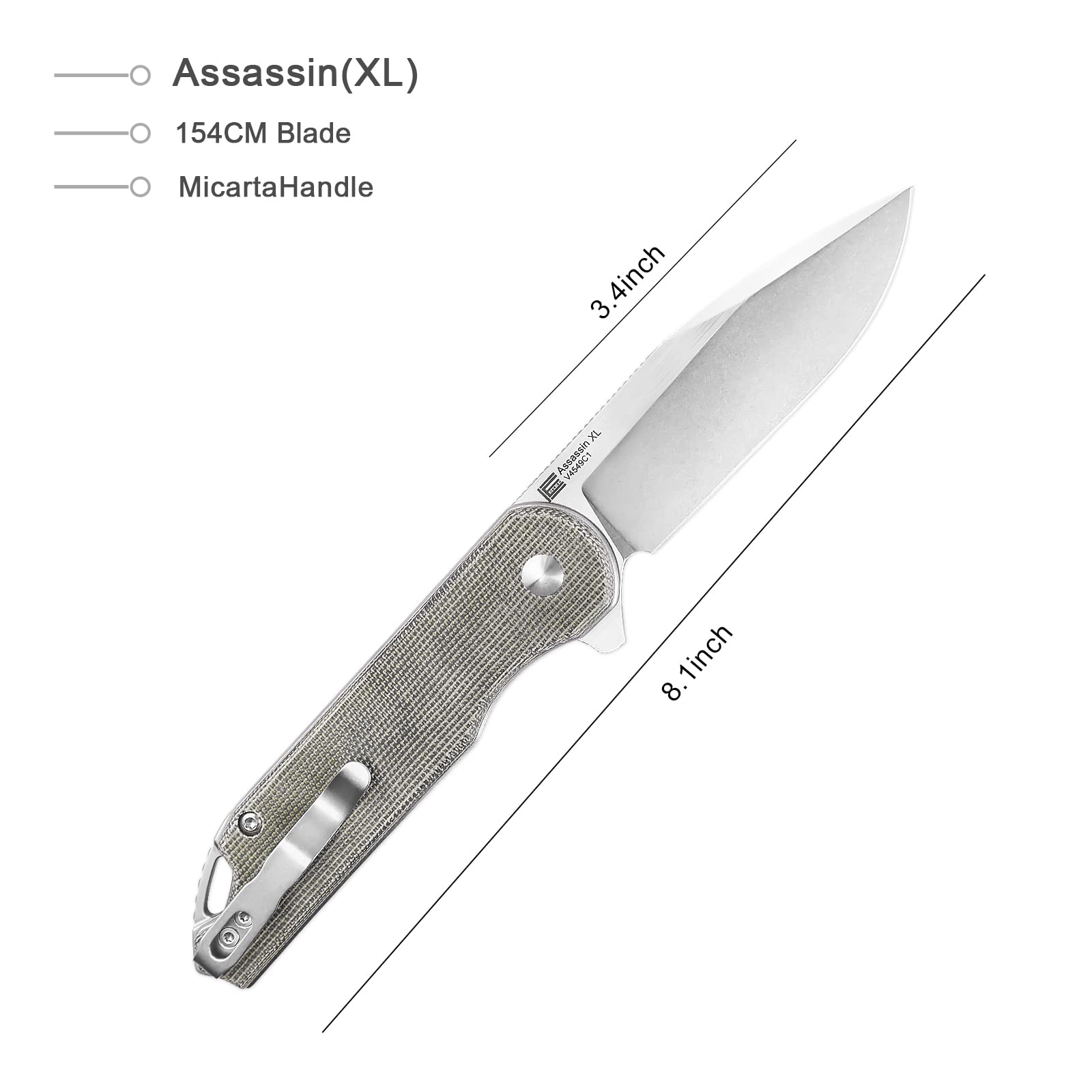 Kizer Assassin(XL) EDC Knife 154CM Steel, Micarta Handle Pocket Knife Flipper Opener Folding Knives V4549C1