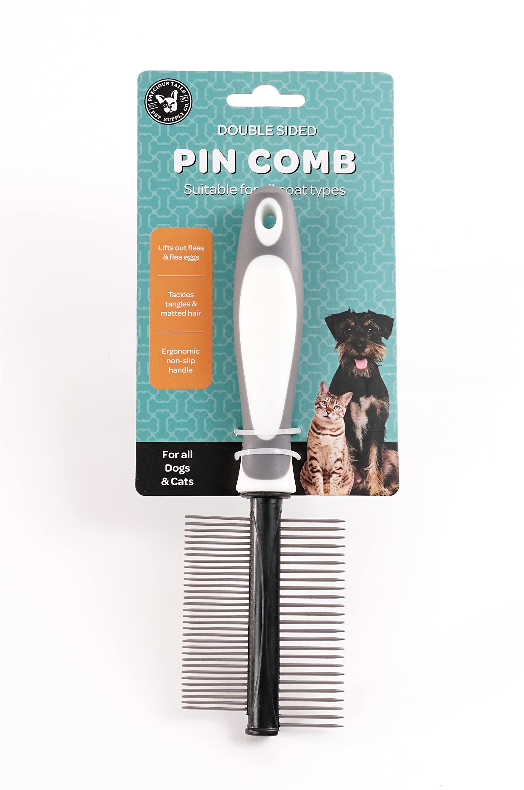 Precious Tails Double-Sided Pet Pin Comb - Dual-Action Flea Removal & Tangle-Free Grooming Tool for Dogs and Cats, Gentle on Skin, Ideal for All Fur Types